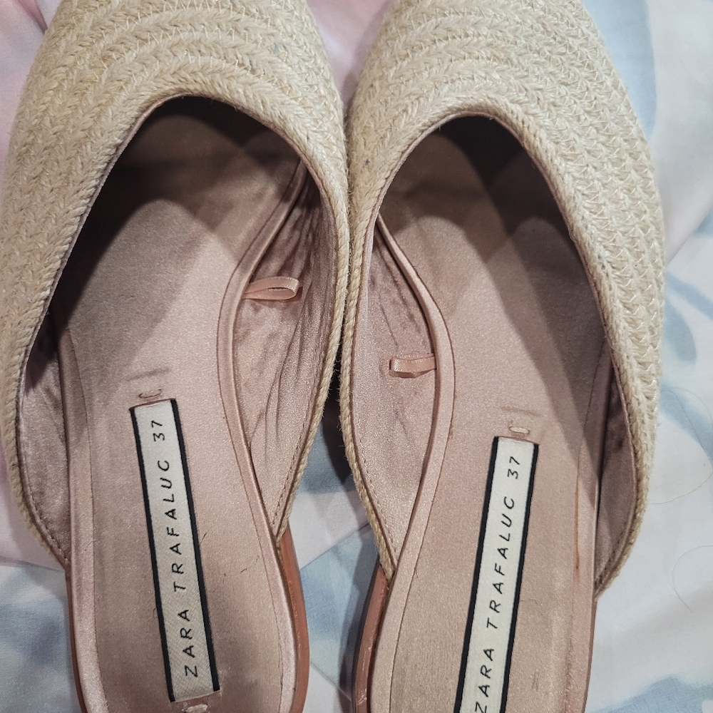 Zara Trafaluc Braided Woven Straw Mules Flats Sandals - Gem